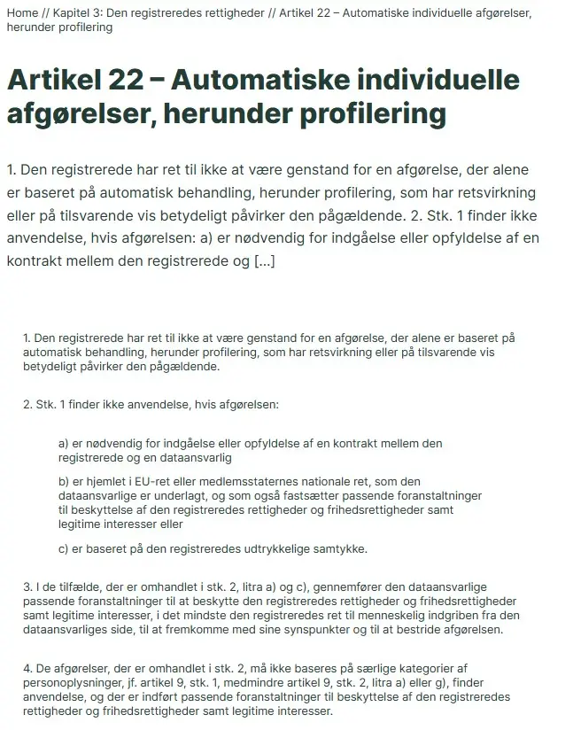 Artikel 22 – Automatiske individuelle afgørelser, herunder profilering - GDPR.DK